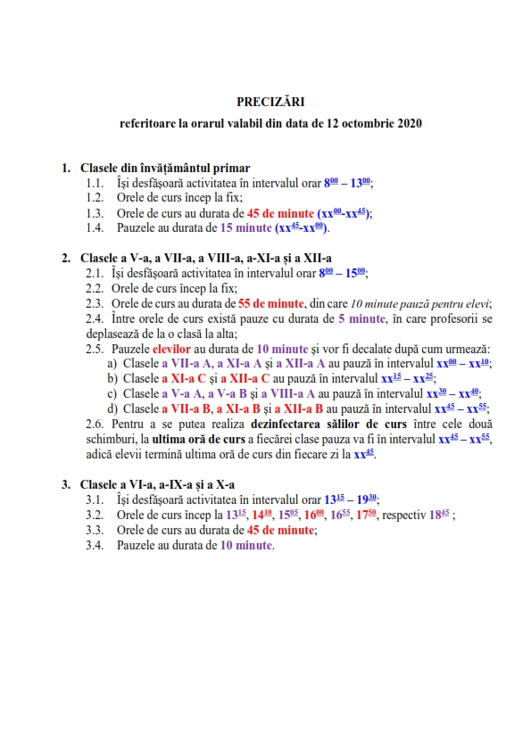 Orar an școlar 2020-2021 – Liceul Teoretic "Carmen Sylva"